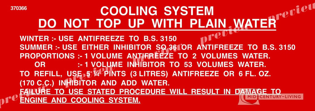 Rover P5 & P5B Label: Cooling System – Mid-Century-Living