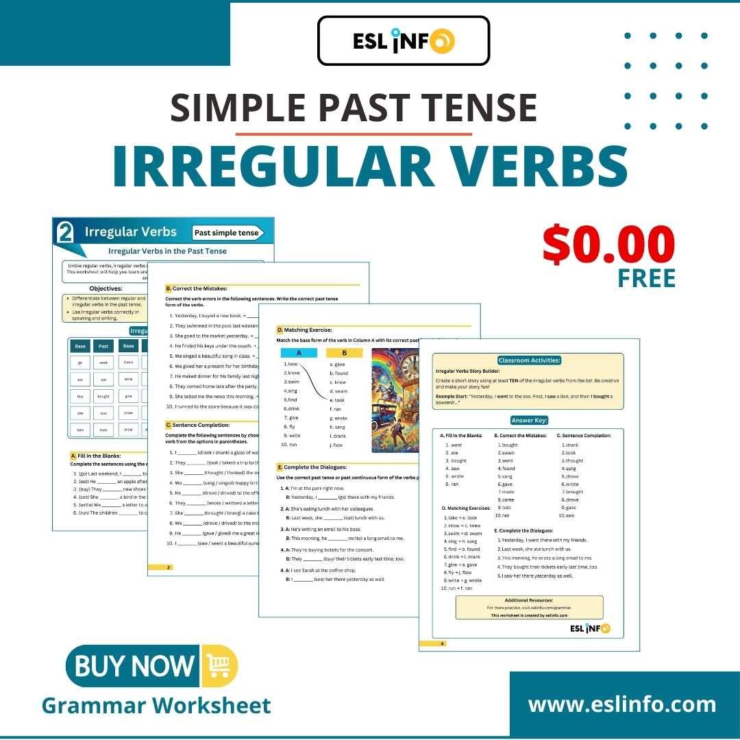 Irregular Verbs: Grammar Worksheet on Simple Past Tense – ESL Info