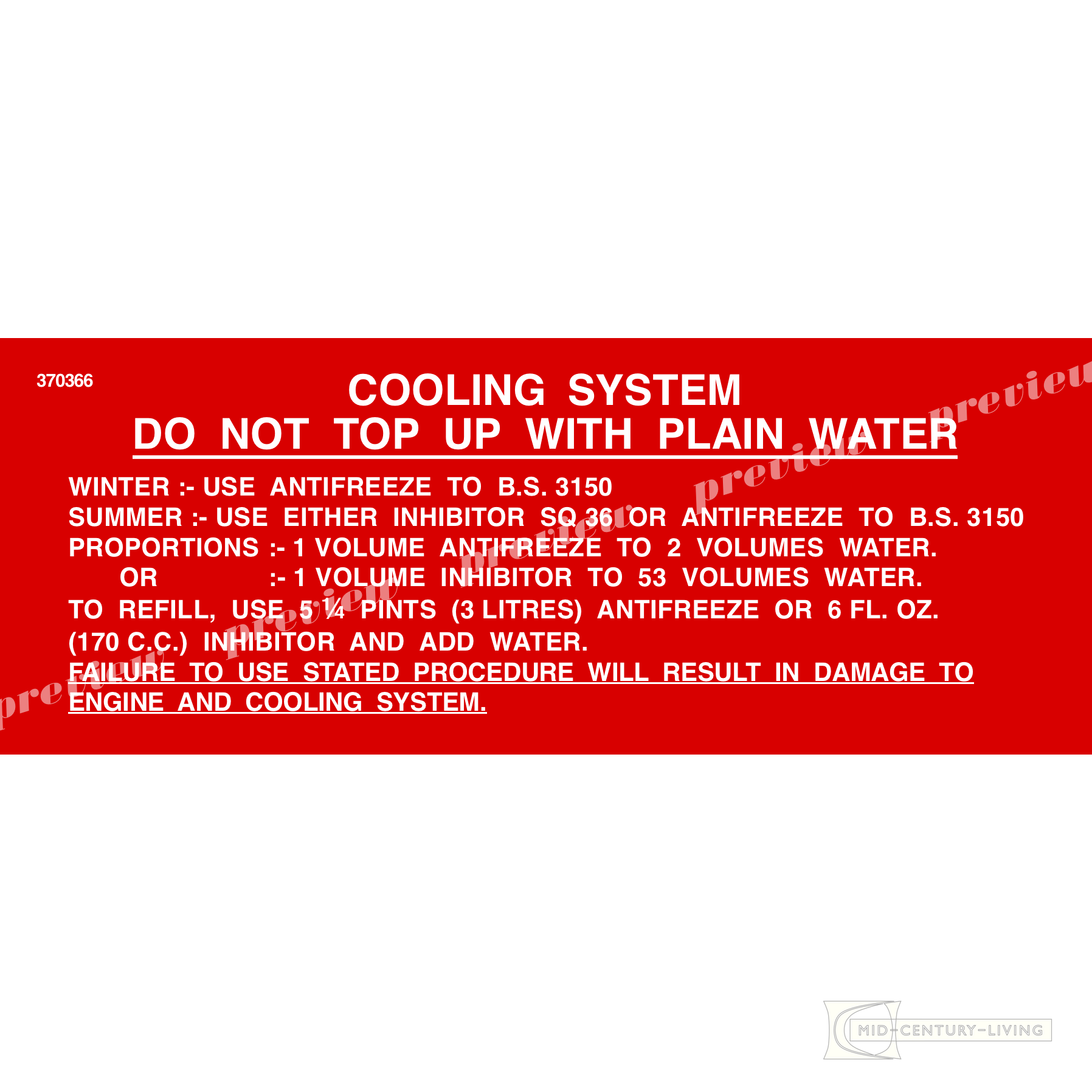 Rover P5 & P5B Label: Cooling System – Mid-Century-Living