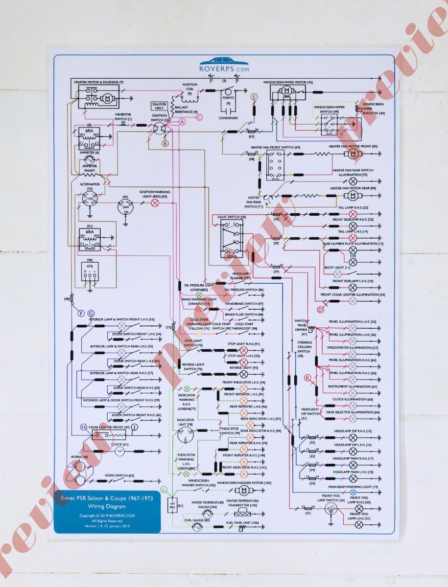 Rover P5B Wiring Diagram: A3 Colour Printed, Laminated – Mid-Century-Living